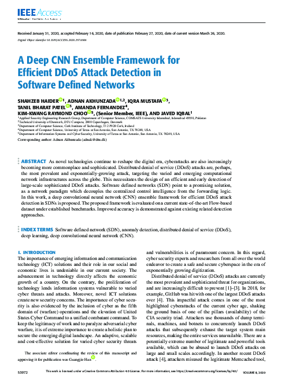 Pdf A Deep Cnn Ensemble Framework For Efficient Ddos Attack Detection In Software Defined Networks