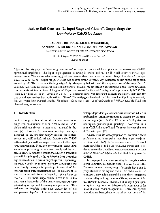 (PDF) Rail-to-rail constant-g m input stage and class AB output stage for low-voltage CMOS op amps