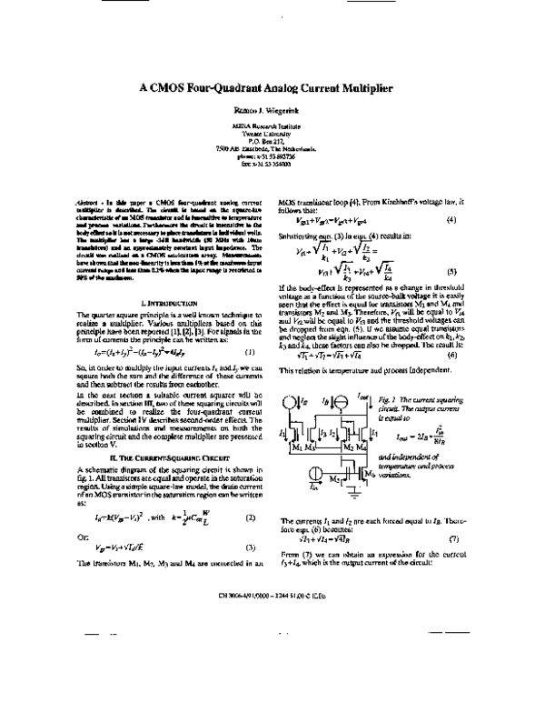 (PDF) A CMOS four-quadrant analog current multiplier