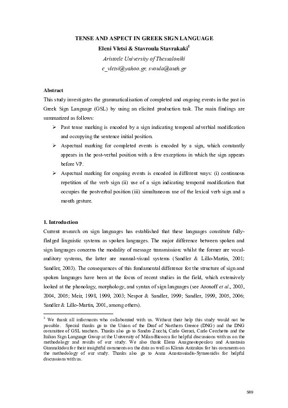 (PDF) Tense and Aspect in Greek Sign Language