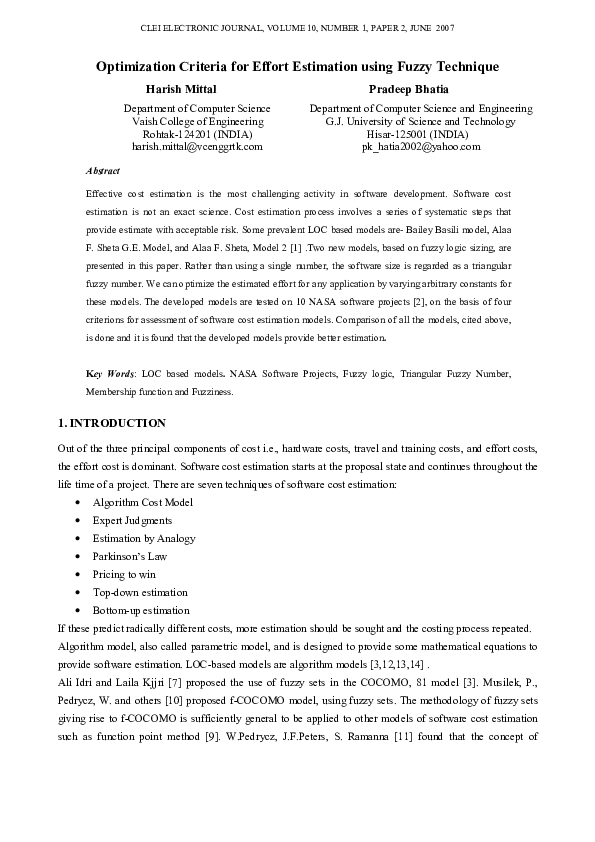(PDF) Optimization Criteria for Effort Estimation using Fuzzy Technique