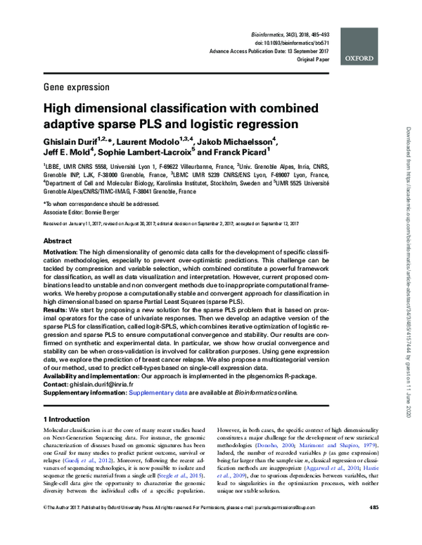 (PDF) High Dimensional Classification with combined Adaptive Sparse PLS ...