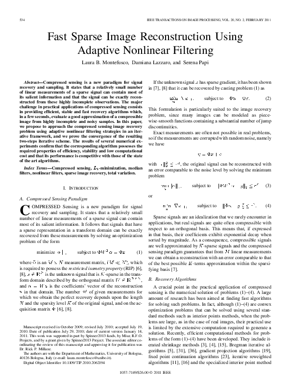 Pdf Nonlinear Filtering For Compressed Sensing Sparse Image Reconstruction