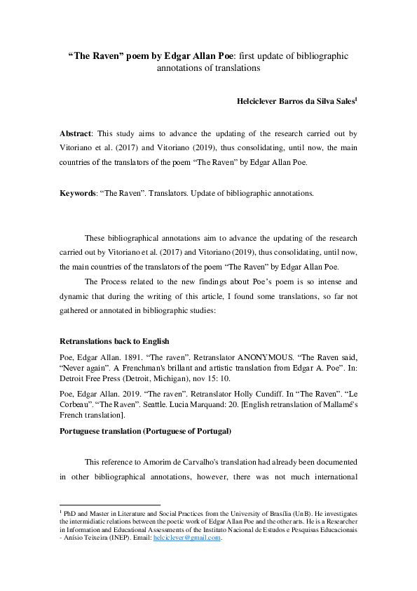 (PDF) "The Raven" poem by Edgar Allan Poe: first update of ...
