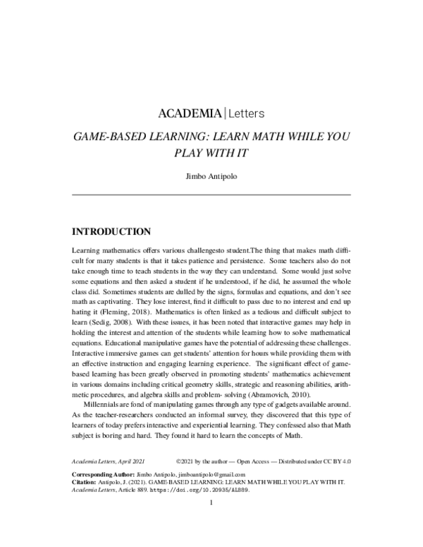 (PDF) GAME-BASED LEARNING: LEARN MATH WHILE YOU PLAY WITH IT