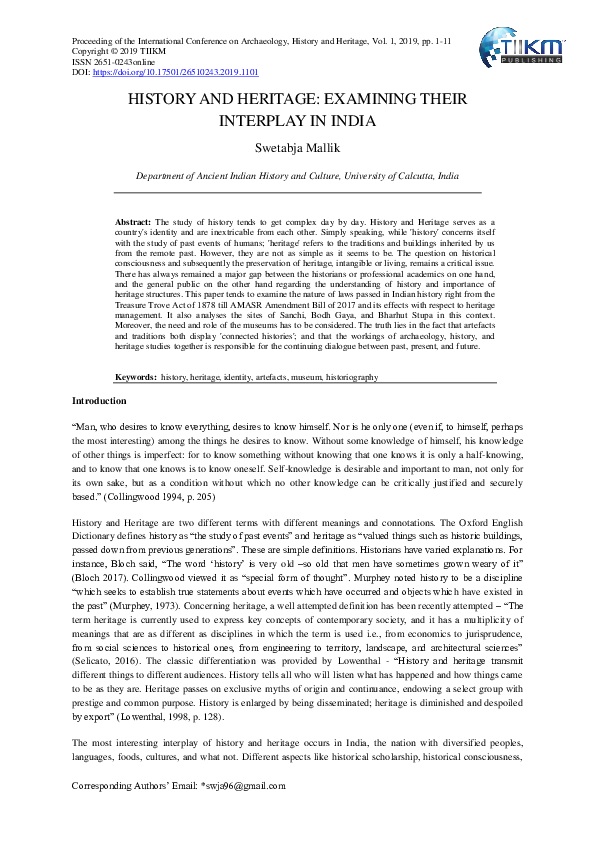 (PDF) History and Heritage: Examining Their Interplay in India