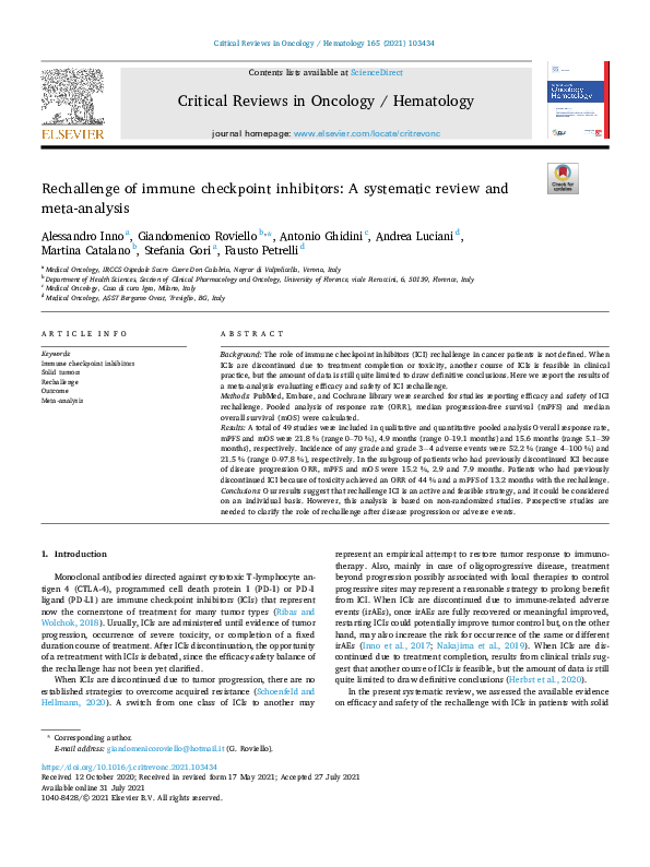 (PDF) Rechallenge of immune checkpoint inhibitors: A systematic review and meta-analysis