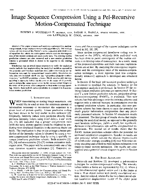 Pdf Image Sequence Compression Using A Pel Recursive Motion Compensated Technique