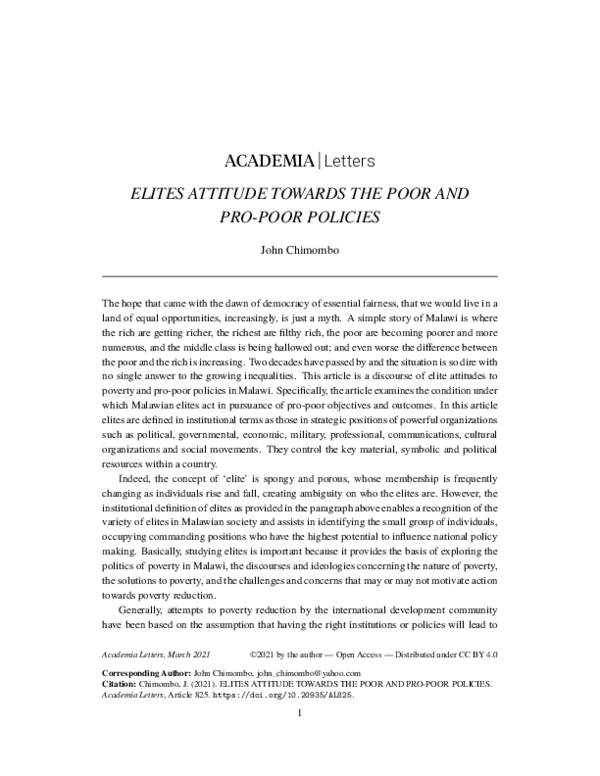 (PDF) ELITES ATTITUDE TOWARDS THE POOR AND PRO-POOR POLICIES