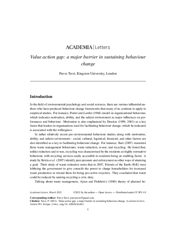 (PDF) Value action gap: a major barrier in sustaining behaviour change