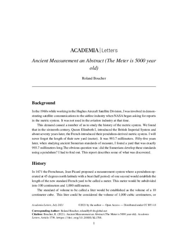 (PDF) 1 Ancient Measurement an Abstract (The Meter is 5000 year old)