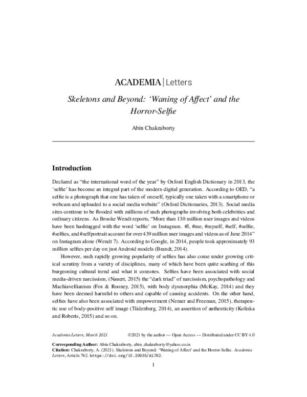 (PDF) Skeletons and Beyond: ‘Waning of Affect’ and the Horror-Selfie