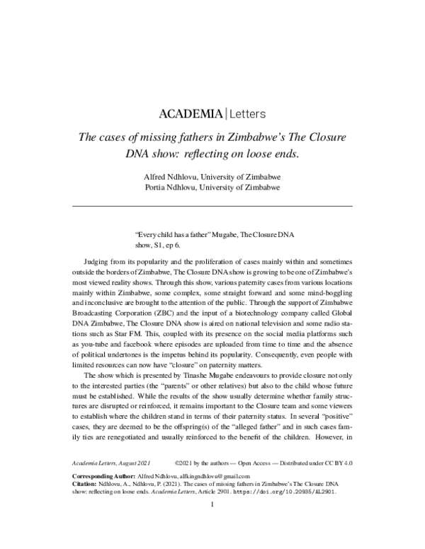 (PDF) The cases of missing fathers in Zimbabwe’s The Closure DNA show ...