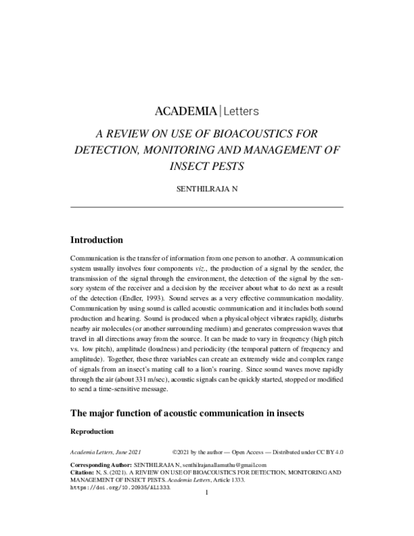 (PDF) A REVIEW ON USE OF BIOACOUSTICS FOR DETECTION, MONITORING AND ...