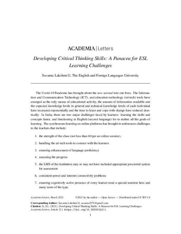 (PDF) Developing Critical Thinking Skills: A Panacea for ESL Learning Challenges