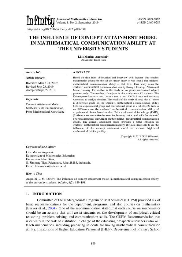 (PDF) The Influence of Concept Attainment Model in Mathematical Communication Ability at the ...