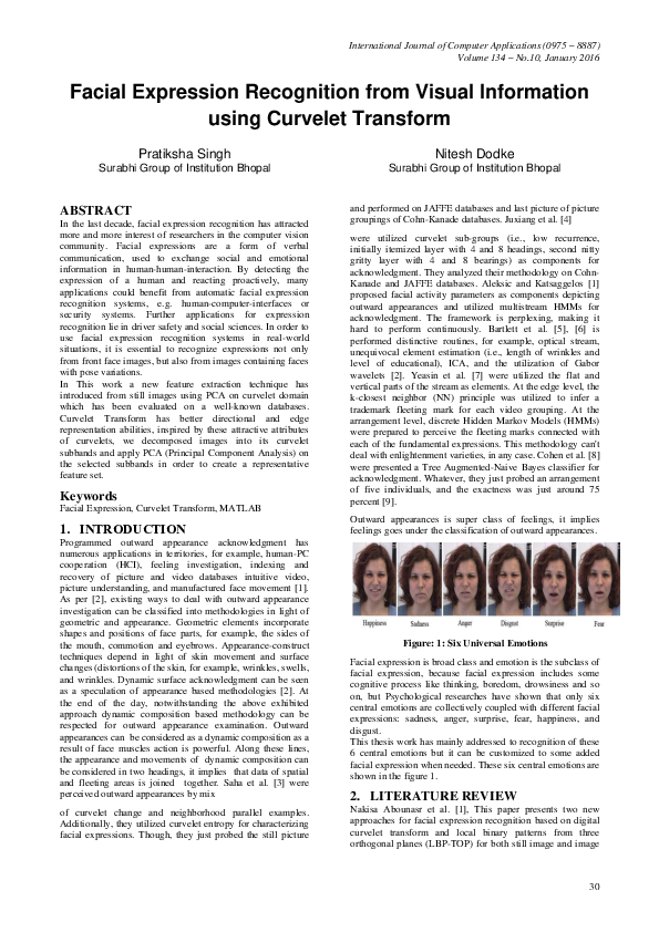 Pdf Facial Expression Recognition From Visual Information Using Curvelet Transform