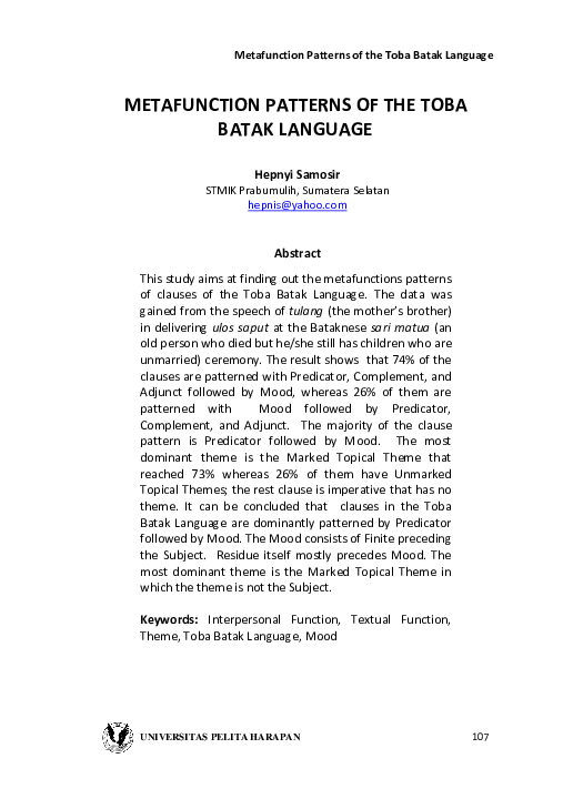(PDF) Metafunction Patterns of the Toba Batak Language