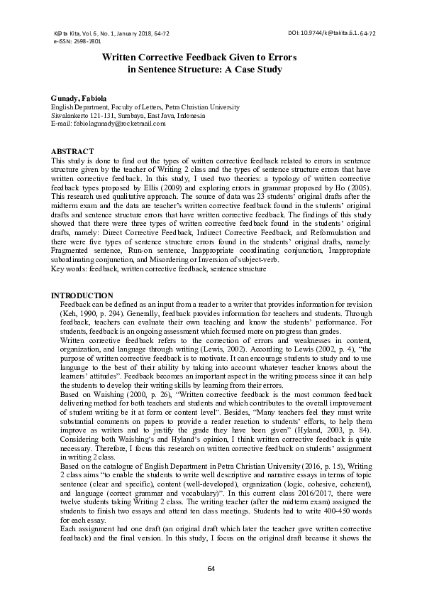 (PDF) Written Corrective Feedback Given to Errors in Sentence Structure ...