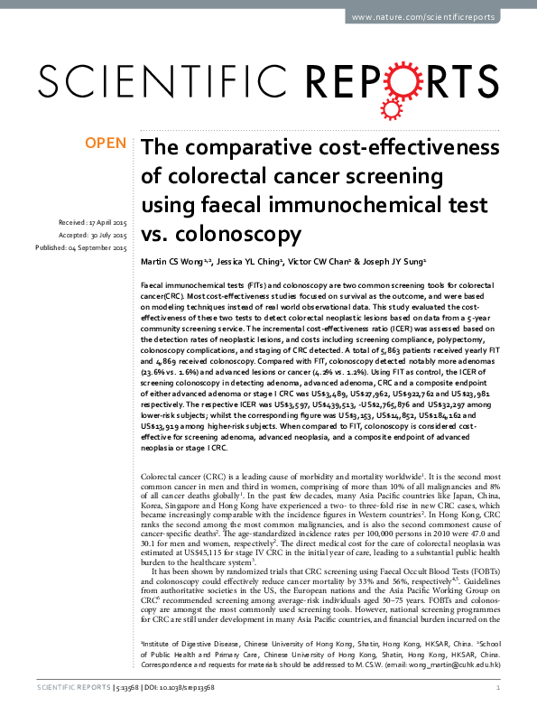(PDF) Cost-Effectiveness of CRC Screening: FIT vs. Colonoscopy