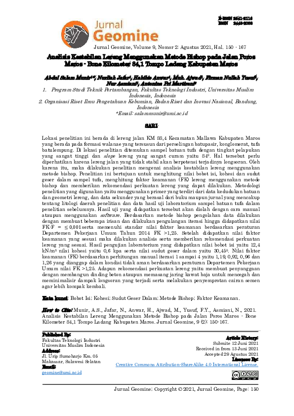 (PDF) Analisis Kestabilan Lereng Menggunakan Metode Bishop pada Jalan Poros Maros-Bone Kilometer ...