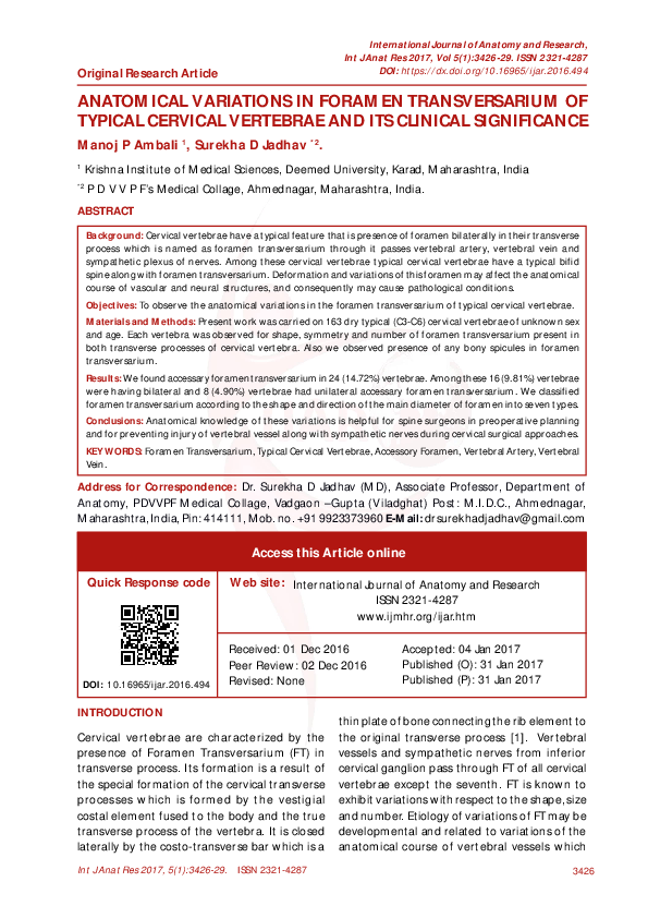 (PDF) Anatomical Variations in Foramen Transversarium of Typical ...
