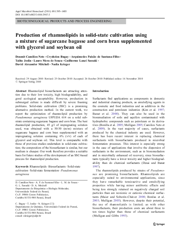 (PDF) Production of rhamnolipids in solid-state cultivation using a ...