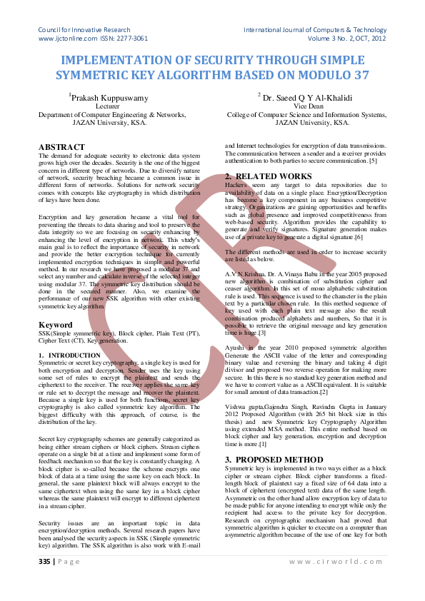 Pdf Implementation Of Security Through Simple Symmetric Key Algorithm Based On Modulo 37