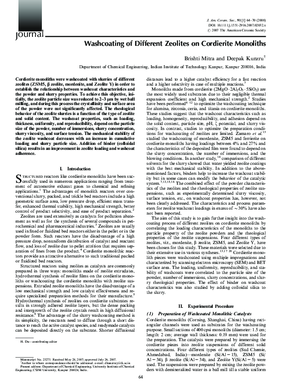 (PDF) Washcoating of Different Zeolites on Cordierite Monoliths