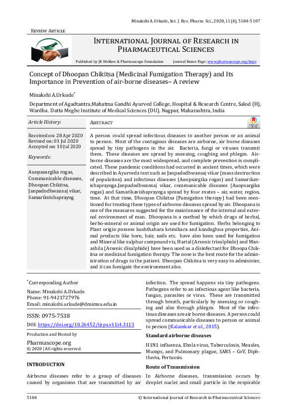 (PDF) Concept of Dhoopan Chikitsa (Medicinal Fumigation Therapy) and ...