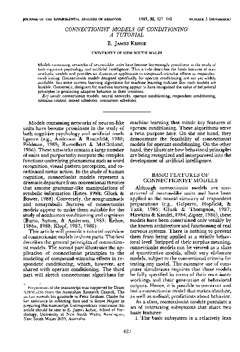 Pdf Connectionist Models Of Conditioning A Tutorial James Kehoe