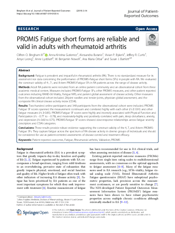 (PDF) PROMIS Fatigue short forms are reliable and valid in adults with ...