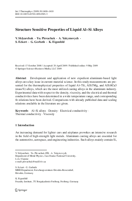 (PDF) Structure Sensitive Properties of Liquid Al–Si Alloys
