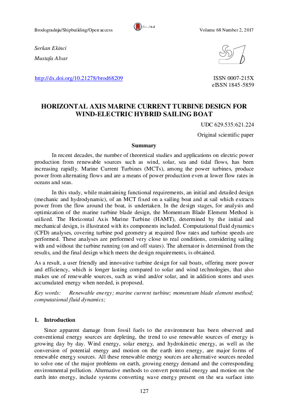 Pdf Horizontal Axis Marine Current Turbine Design For Wind Electric Hybrid Sailing Boat