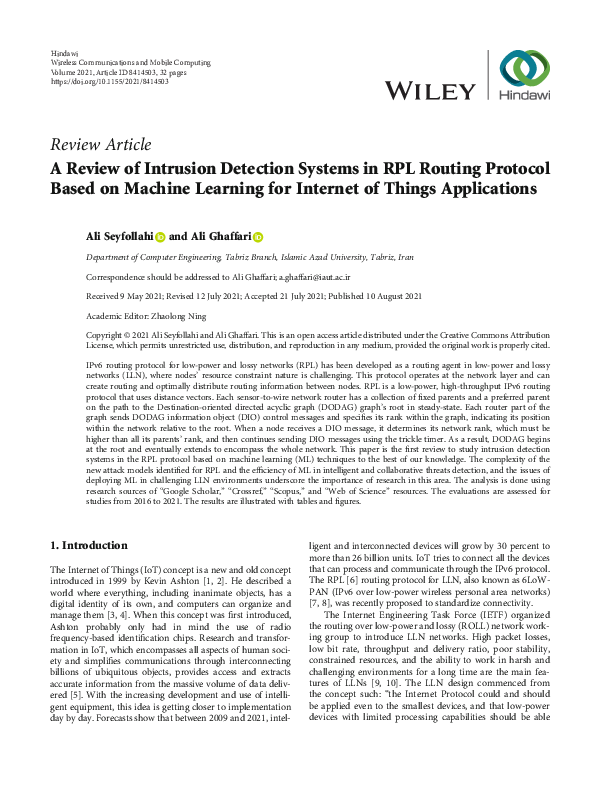 (PDF) A Review of Intrusion Detection Systems in RPL Routing Protocol Based on Machine Learning ...