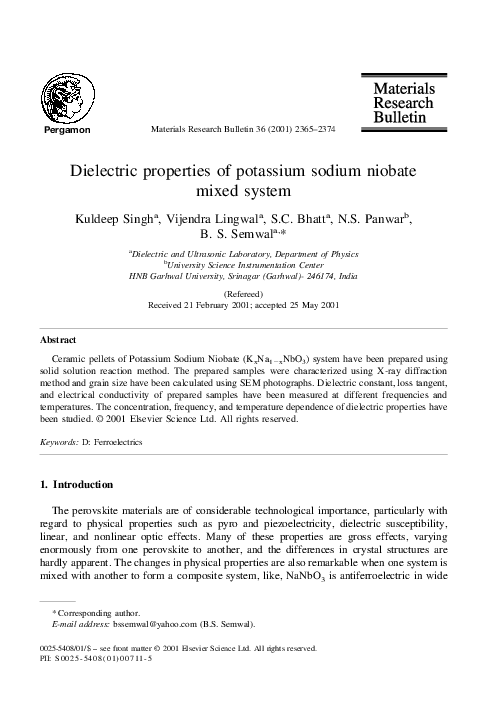 (PDF) Dielectric Properties of Potassium Sodium Niobate Mixed System
