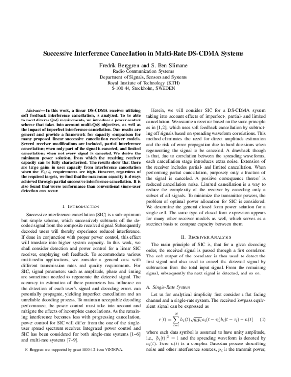 (PDF) Successive Interference Cancellation in Multi-Rate DS-CDMA Systems