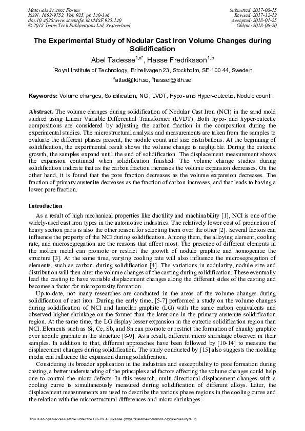 (PDF) The Experimental Study of Nodular Cast Iron Volume Changes during ...