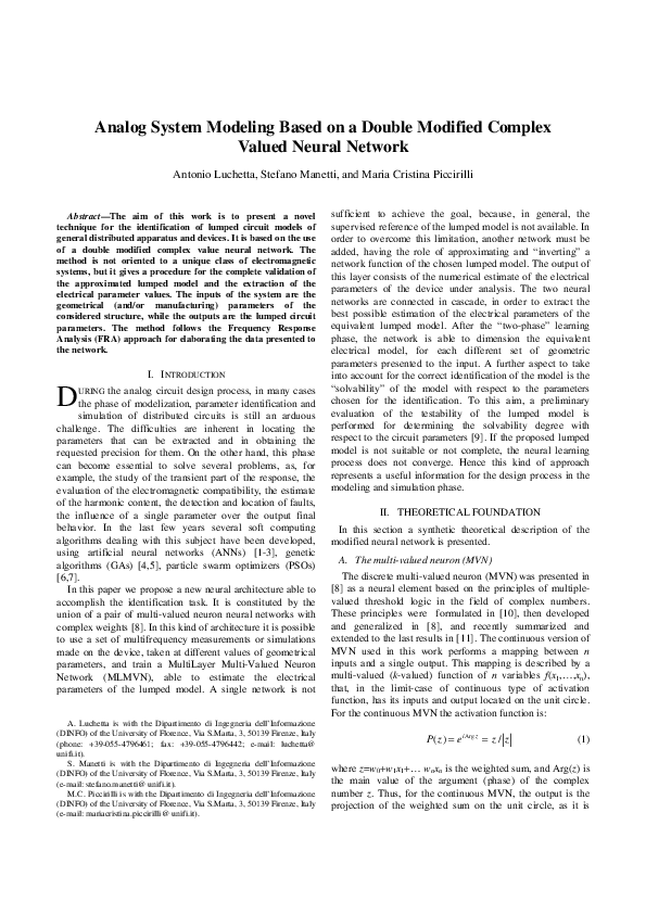 Pdf Analog System Modeling Based On A Double Modified Complex Valued Neural Network
