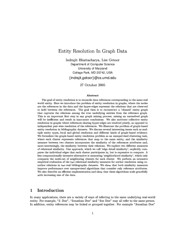 (PDF) Entity resolution in graph data