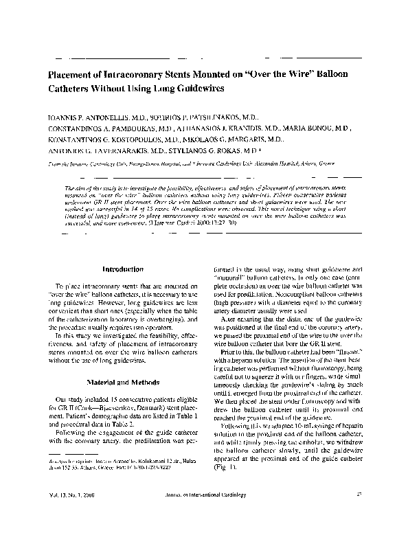 (PDF) Placement of Intracoronary Stents Mounted on "Over the Wire ...