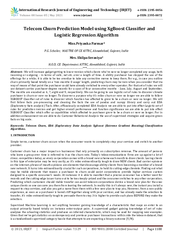 Pdf Irjet Telecom Churn Prediction Model Using Xgboost Classifier And Logistic Regression