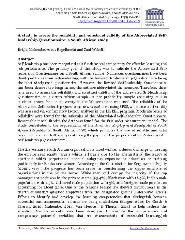 (PDF) Validity of the Abbreviated Self-leadership Questionnaire