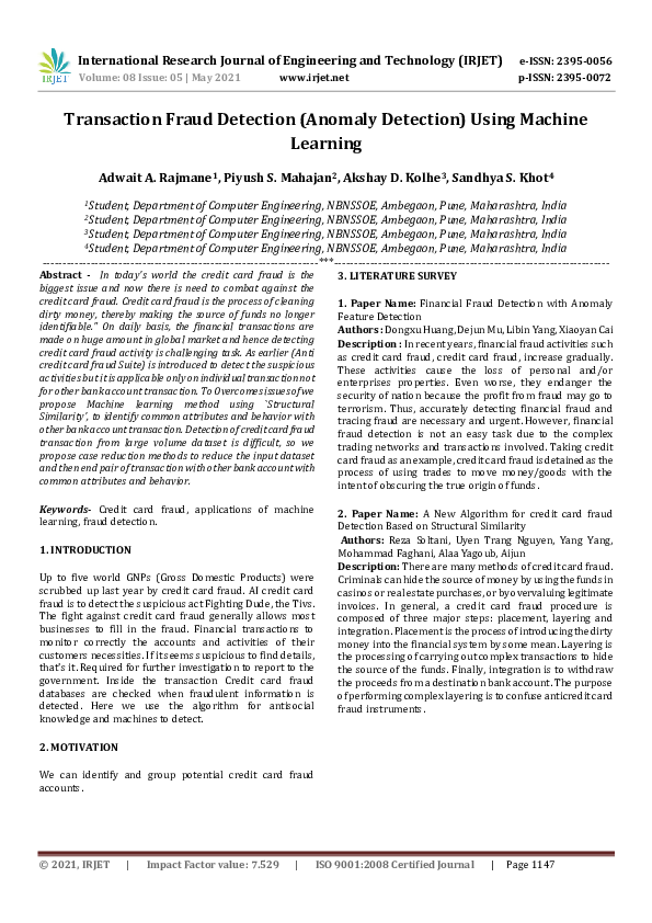 (PDF) IRJET- Transaction Fraud Detection (Anomaly Detection) Using Machine Learning