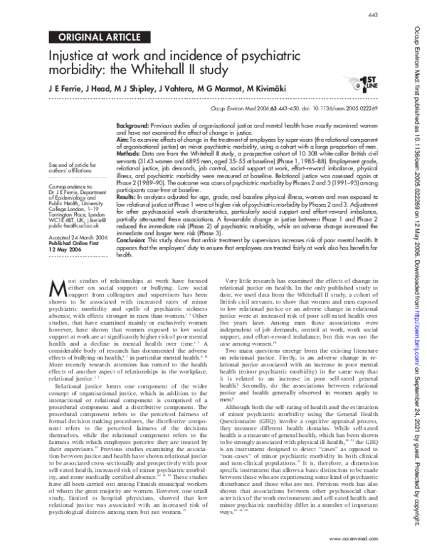 (PDF) Injustice at work and incidence of psychiatric morbidity: the ...