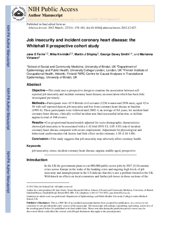 (PDF) Job insecurity and incident coronary heart disease: The Whitehall ...