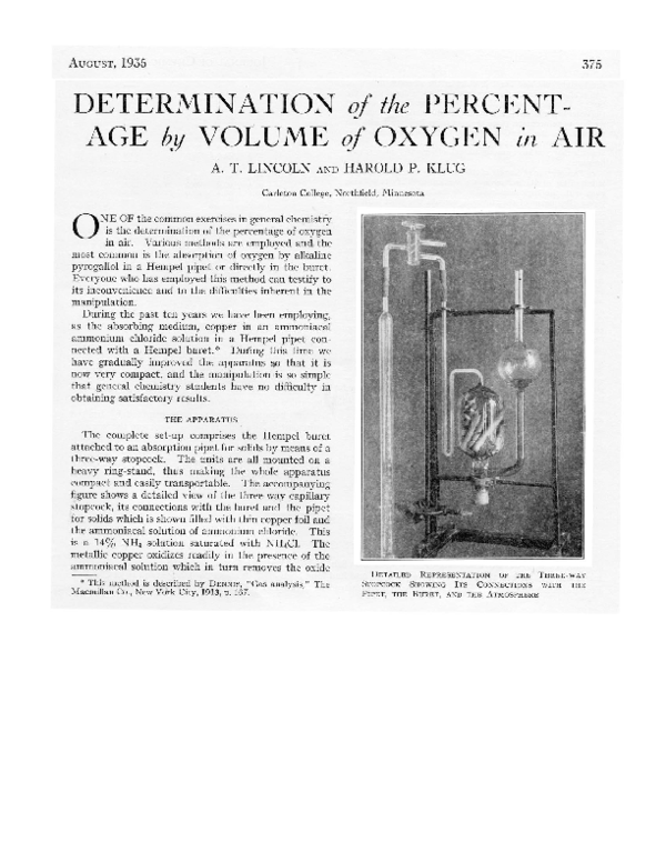 (PDF) Determination of the percentage by volume of oxygen in air