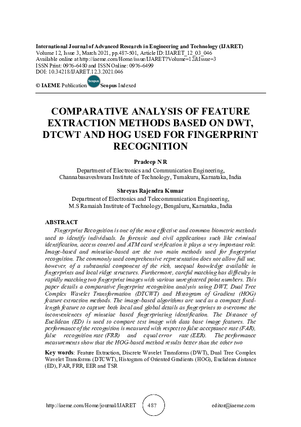 (PDF) COMPARATIVE ANALYSIS OF FEATURE EXTRACTION METHODS BASED ON DWT, DTCWT AND HOG USED FOR ...