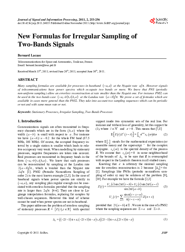 (PDF) New Formulas for Irregular Sampling of Two-Bands Signals