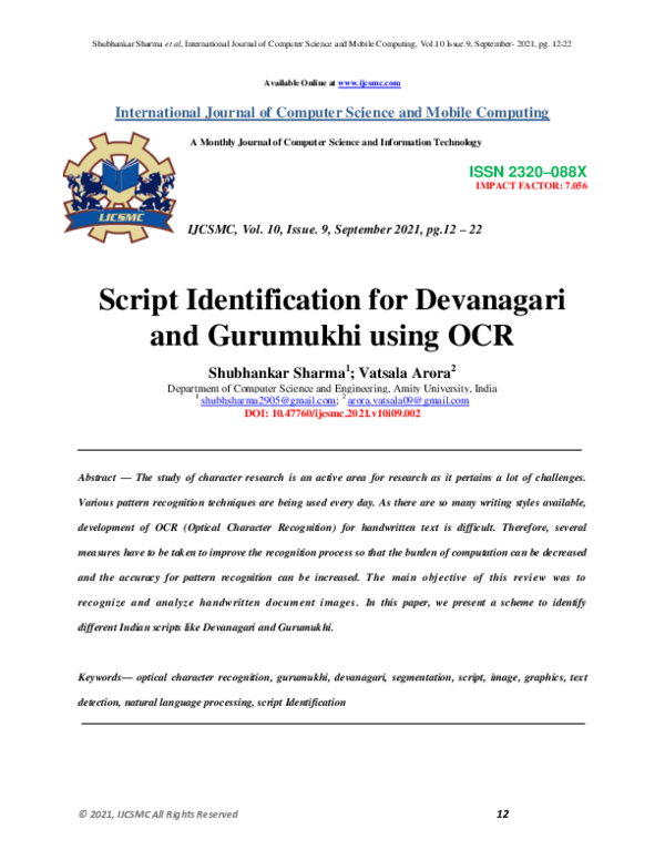 (PDF) Script Identification for Devanagari and Gurumukhi using OCR﻿